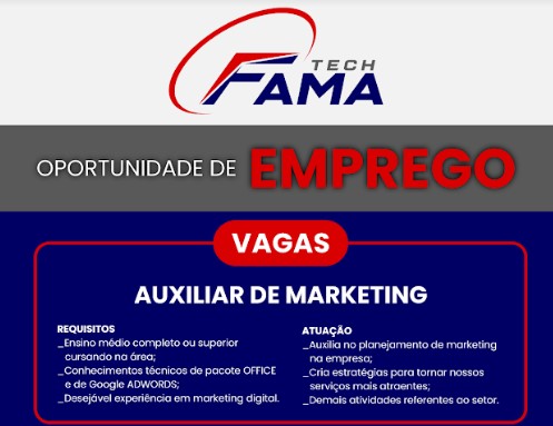 Empresa Tech Fama está contratando Auxiliar de Marketing